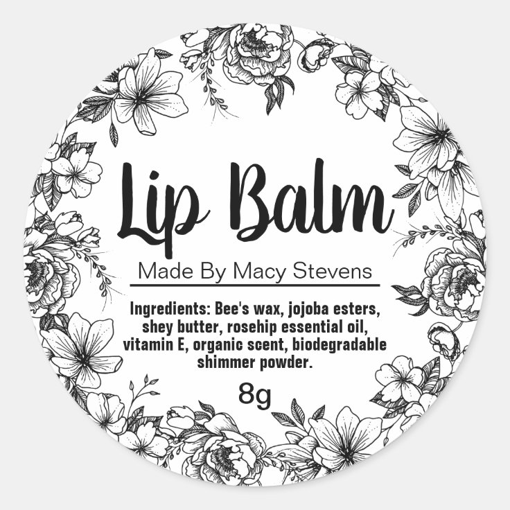 Hand Drawn Black White Flowers Lip Balm Pot Labels | Zazzle