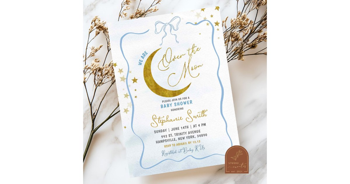 Hand Drawn Blue Coquette Over The Moon Baby Shower Invitation | Zazzle