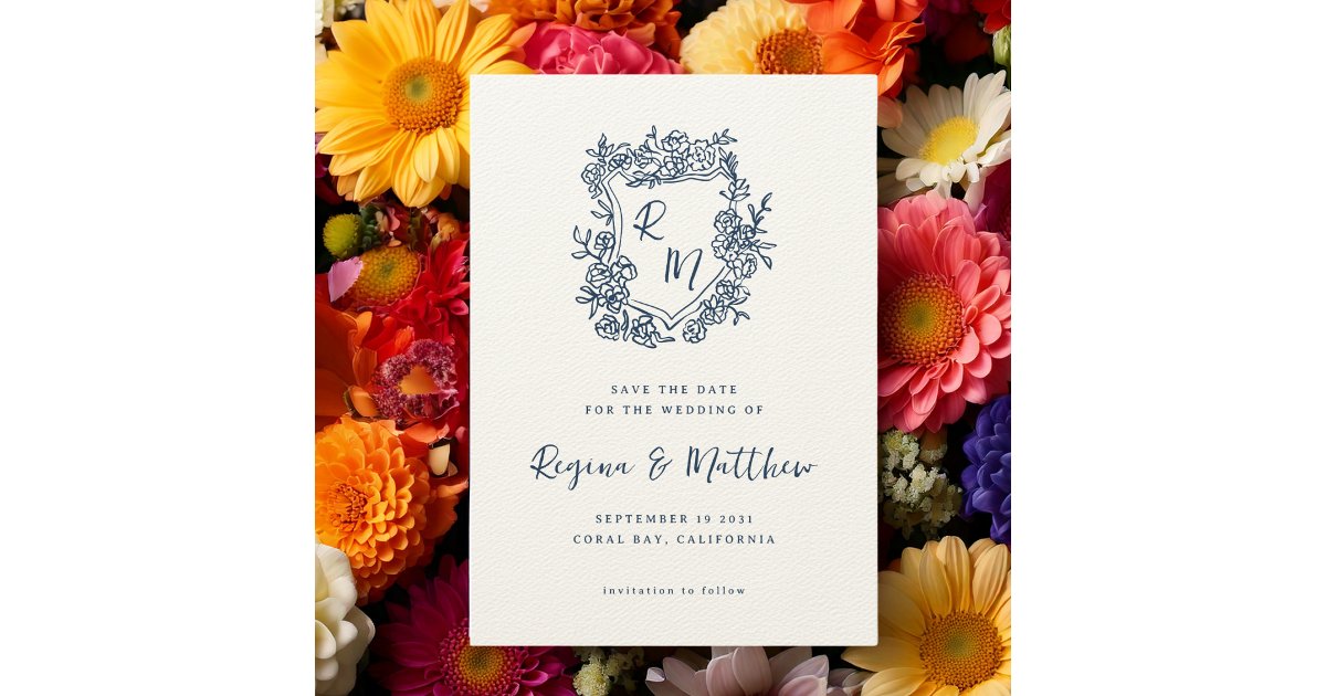 Hand Drawn Blue Floral Crest Monogram Wedding Save The Date | Zazzle