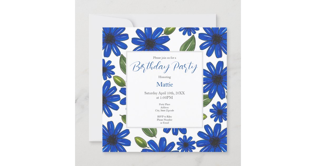 Hand Drawn Blue Flower Pattern Invitation | Zazzle