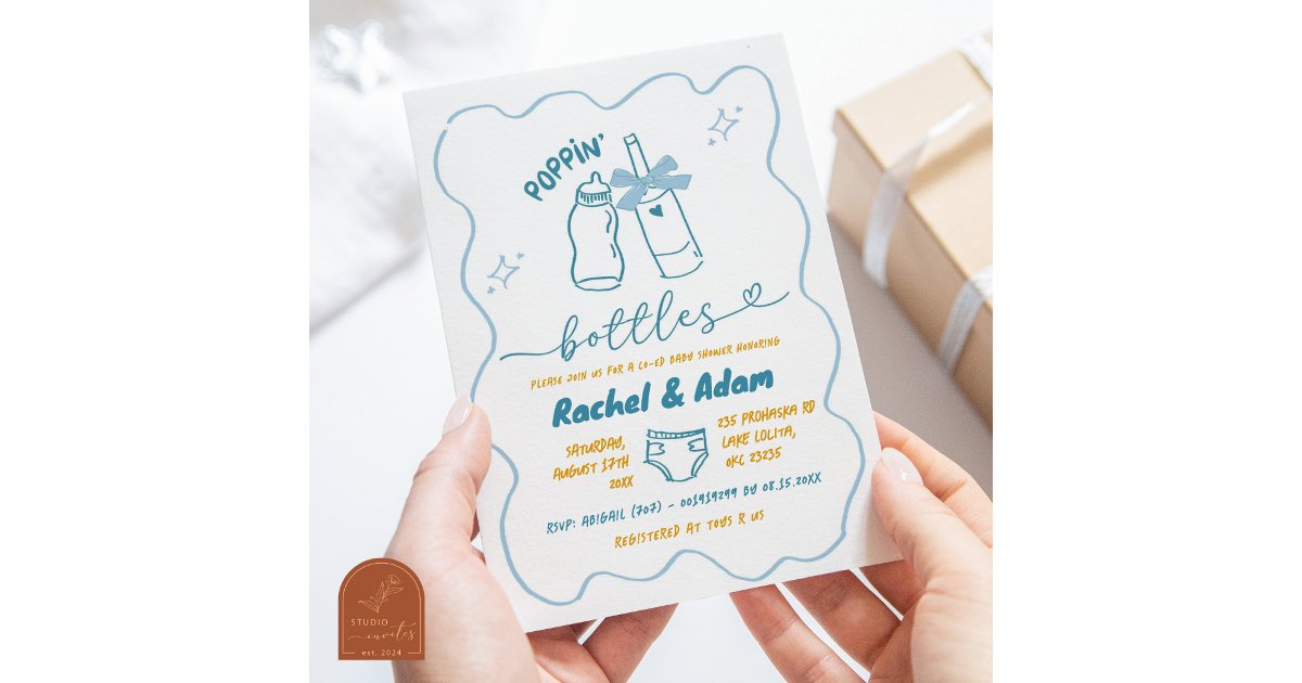 Hand Drawn Blue Poppin Bottles Boy Baby Shower Invitation | Zazzle