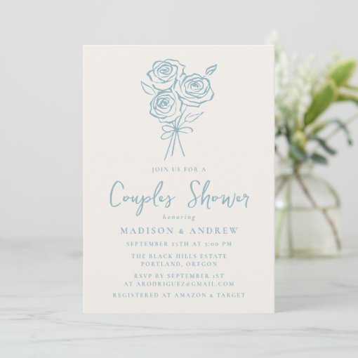 Hand-Drawn Blue Rose Bouquet Couples Bridal Shower Invitation | Zazzle
