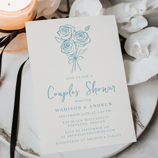 Hand-Drawn Blue Rose Bouquet Couples Bridal Shower Invitation | Zazzle