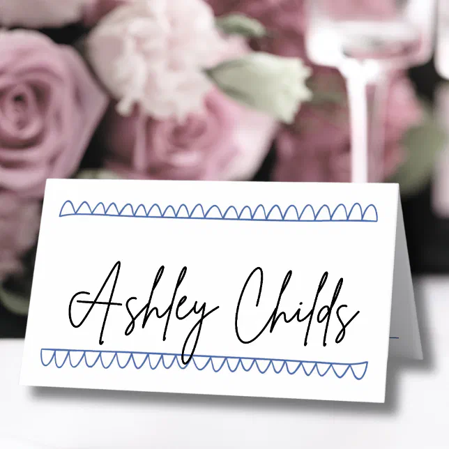 Hand Drawn Blue Whimsical Name Wedding Place Card | Zazzle