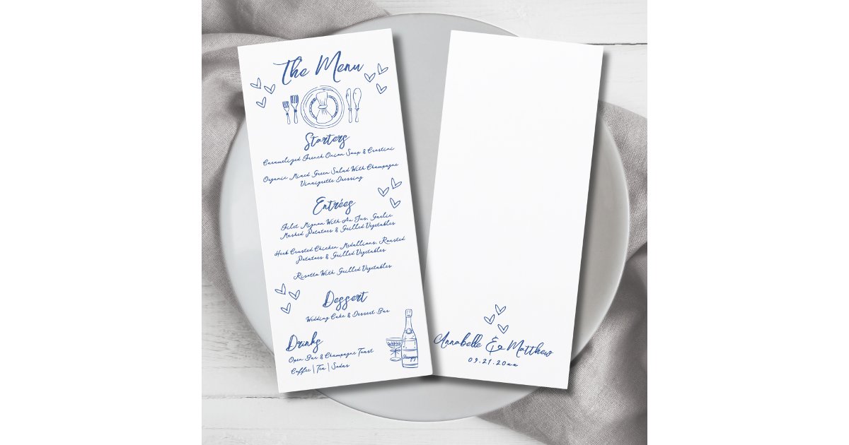 Hand Drawn Blue Whimsical Wedding Menu | Zazzle