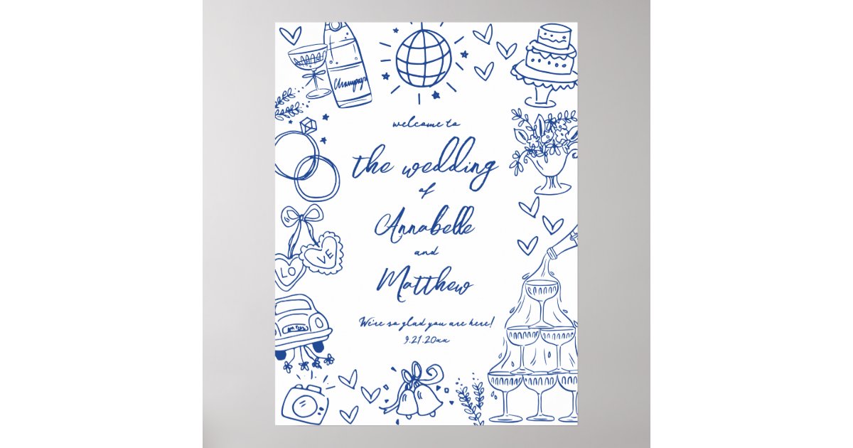 Hand Drawn Blue Whimsical Wedding Welcome Sign | Zazzle