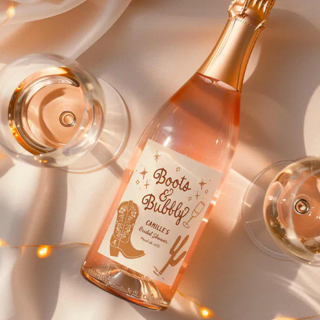 Hand Drawn Boots and Bubbly Bridal Shower Wine Label | Zazzle