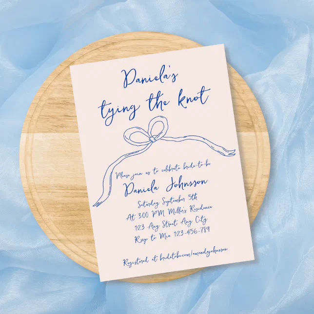 Hand Drawn Bow Blue Tying The Knot Bridal Shower Invitation | Zazzle