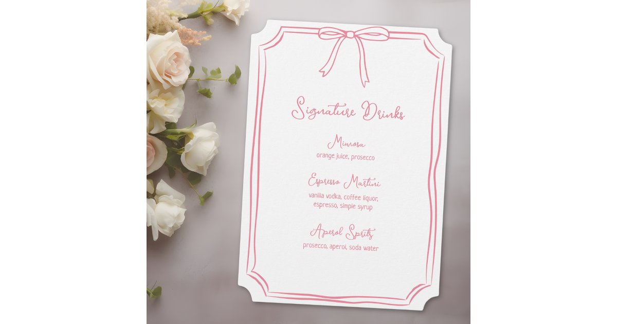 Hand Drawn Bow Coquette Pink Signature Drinks Menu | Zazzle