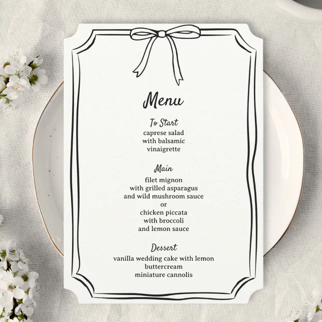Hand Drawn Bow Scribble Modern Classic Wedding Menu | Zazzle