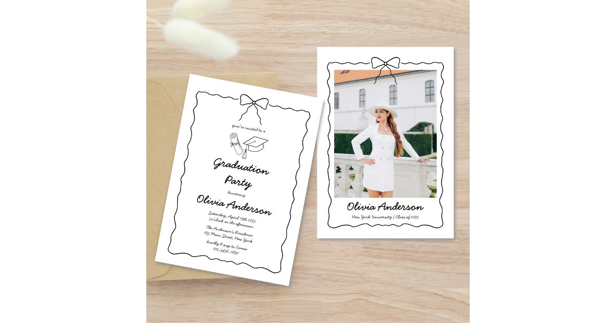 Hand-Drawn Bow & Squiggle Photo Graduation Party Invitation | Zazzle