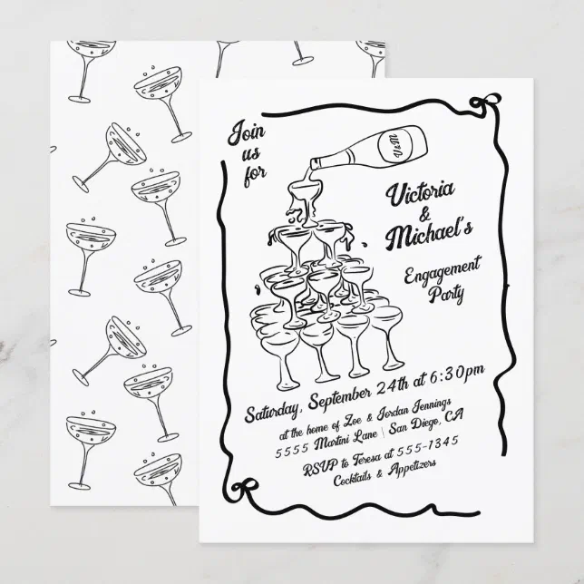 Hand Drawn Champagne Stack Engagement Party Invitation | Zazzle