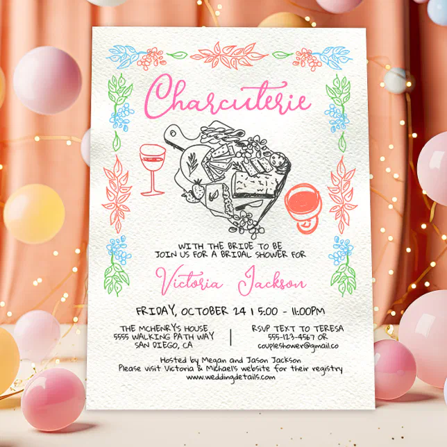 Hand Drawn Charcuterie Board Bridal Shower Invitation | Zazzle