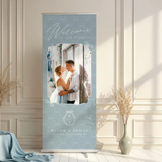 Hand Drawn Chic Bow & Ribbon Wedding Photo Welcome Retractable Banner ...