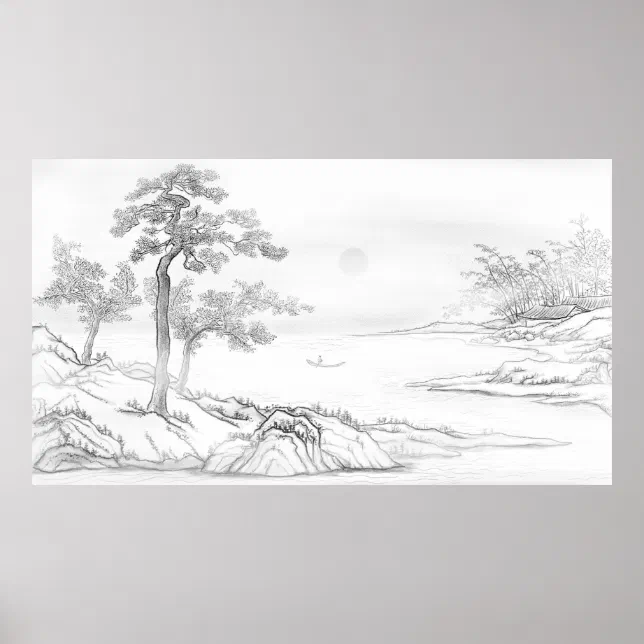 Hand Drawn Chinese Style Landscape Poster | Zazzle