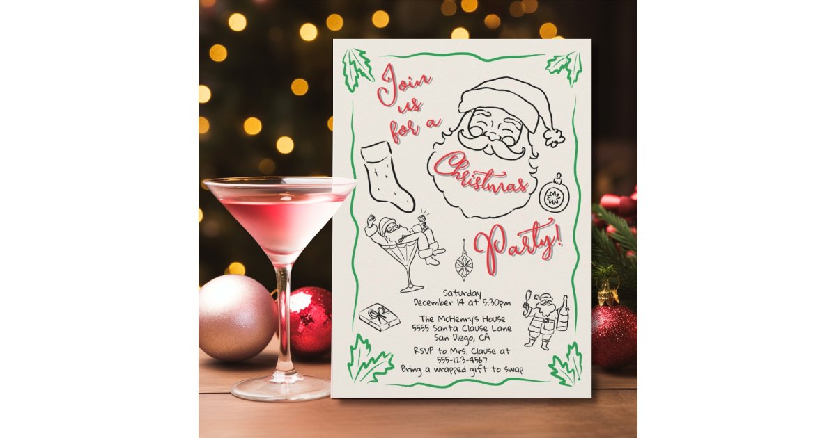 Hand drawn Christmas Cocktail Party Santa Invitation | Zazzle
