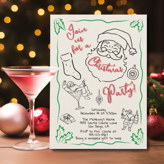 Hand drawn Christmas Cocktail Party Santa Invitation | Zazzle