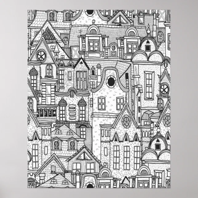 Hand Drawn, Classic Country Village, Coloring Page Poster | Zazzle