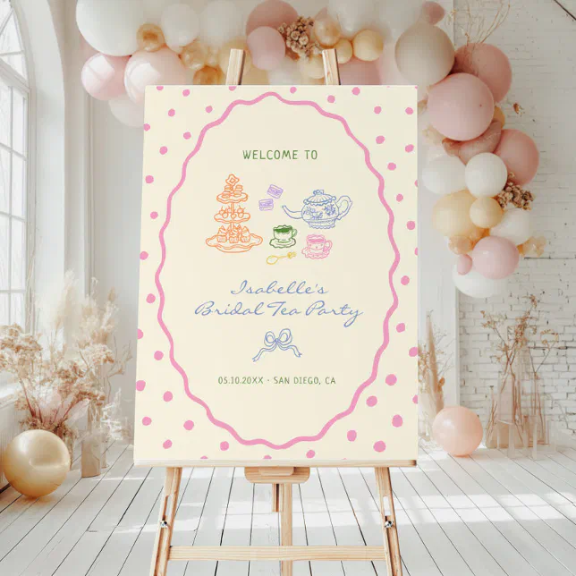 Hand Drawn Colorful Bridal Tea Party Welcome Foam Board | Zazzle