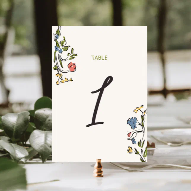 Hand Drawn Colorful Floral Bridal Shower Table Number | Zazzle