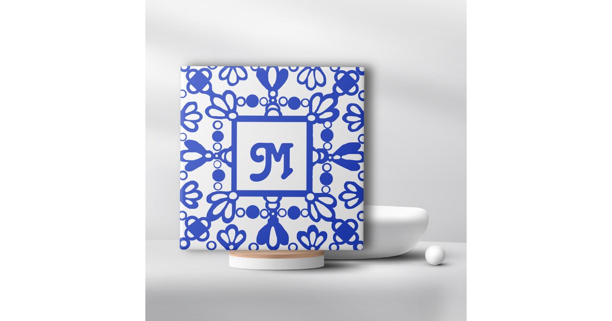 Hand Drawn Delft Blue Ornate Monogram Initial Ceramic Tile | Zazzle