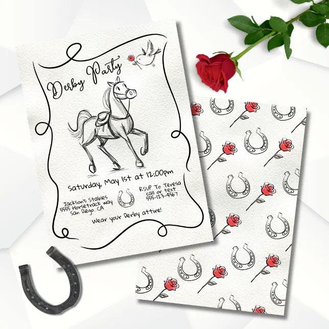 Hand drawn Derby Racehorse Modern Doodle party Invitation | Zazzle