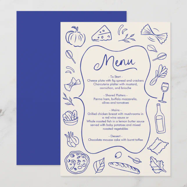 Hand Drawn Dinner Menu Italian Blue | Zazzle