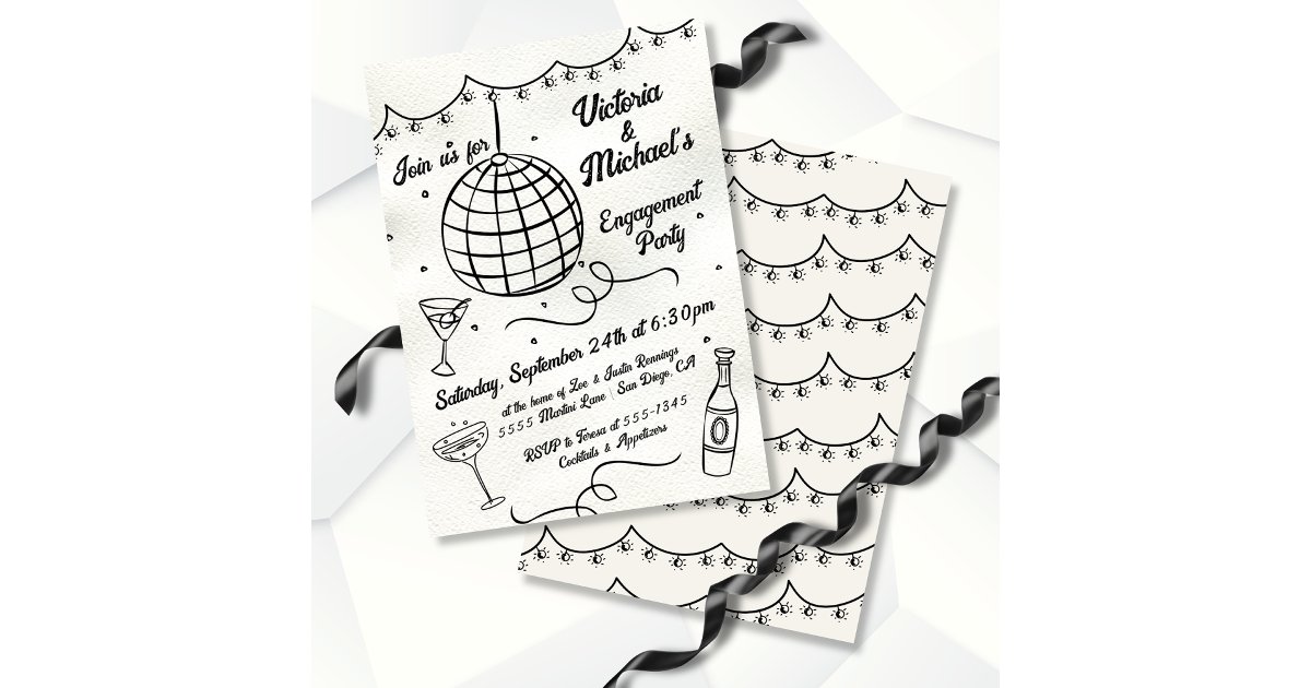 Hand Drawn Disco Ball Funky Engagement Party Invitation | Zazzle