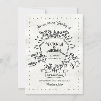 Hand Drawn Doodle Cherub Cupid Crest Wedding Invitation | Zazzle
