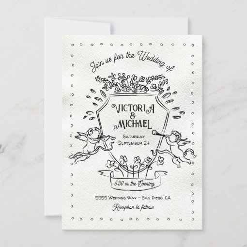 Hand Drawn Doodle Cherub Cupid Crest Wedding Invitation | Zazzle