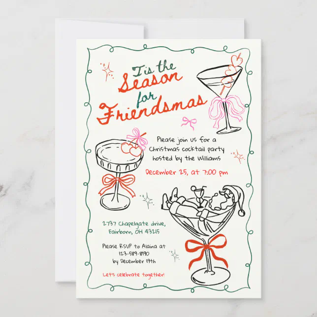 Hand Drawn Doodle Christmas Cocktail Party Invitation | Zazzle