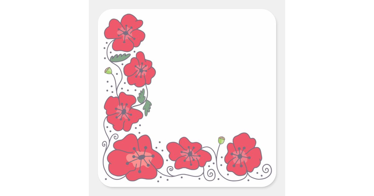 Hand Drawn Doodle Floral Poppy Corner Border Square Sticker | Zazzle