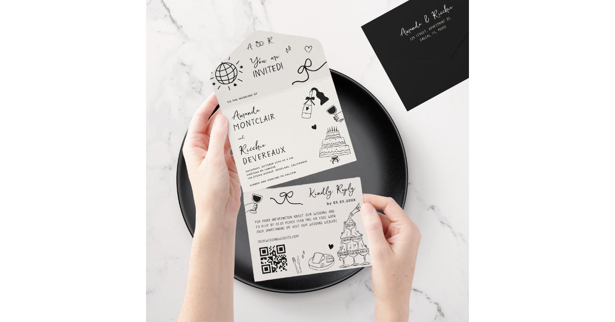 Hand Drawn Doodle French Vintage QR Code Wedding All In One Invitation ...
