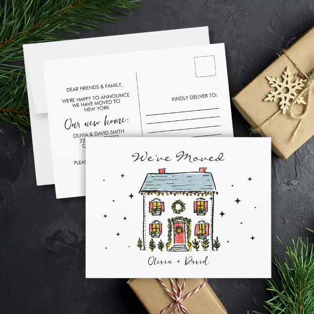 Hand-Drawn Doodles Christmas Moving Announcement Postcard | Zazzle