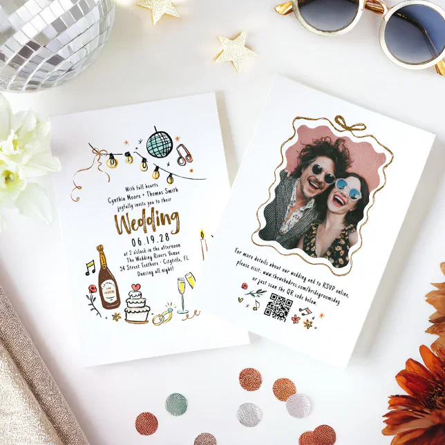 Hand Drawn Doodles Funky Wedding & Details Photo Invitation | Zazzle