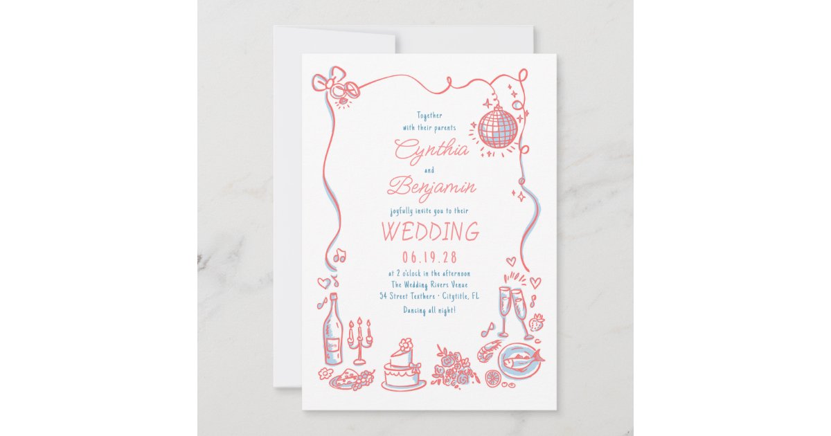 Hand Drawn Doodles Whimsical Retro Wedding Photo Invitation | Zazzle