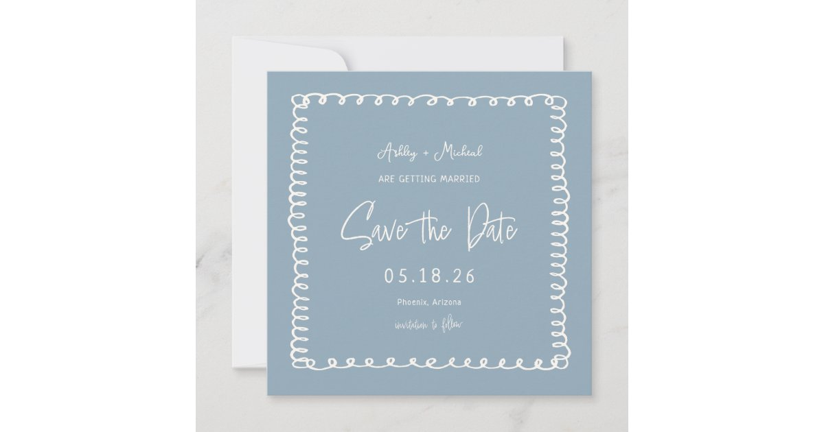 Hand Drawn Dusty Blue Unique Square Wedding Save The Date | Zazzle