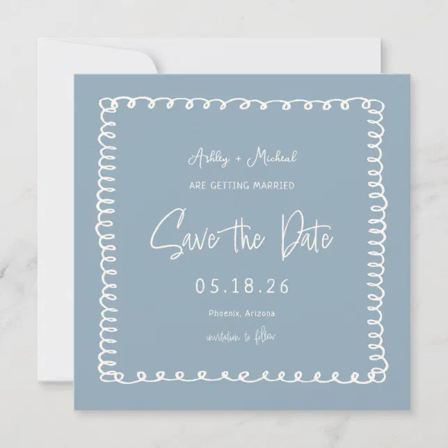 Hand Drawn Dusty Blue Unique Square Wedding Save The Date | Zazzle