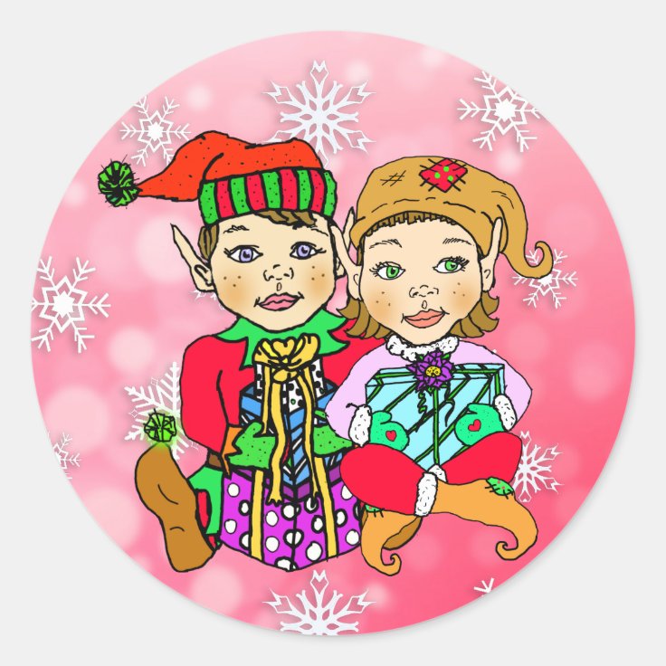 Hand drawn Elf girl and boy holding Gifts Classic Round Sticker | Zazzle
