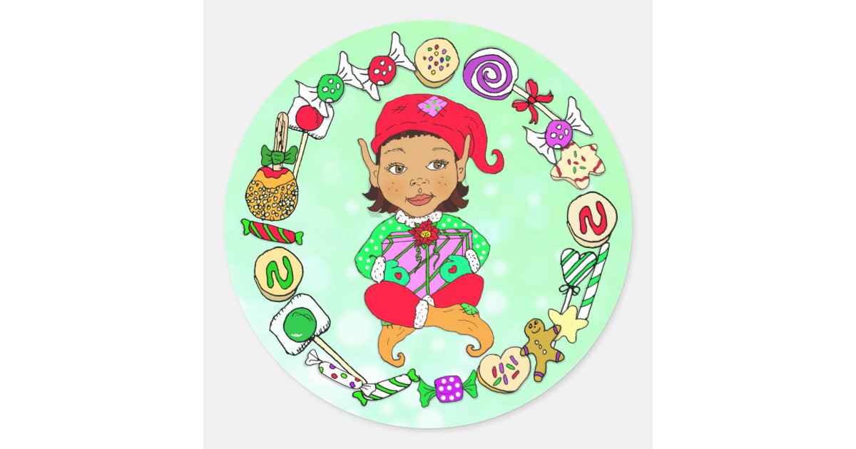 Hand drawn Festive Whimsical Christmas Elf & Candy Classic Round ...
