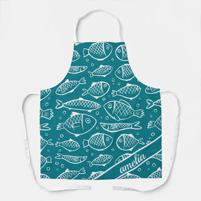 Hand Drawn Fish and Bubbles ID489 Apron | Zazzle