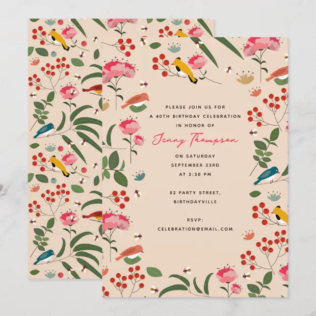 Hand Drawn Floral Birds Bees Botanical Birthday Invitation | Zazzle