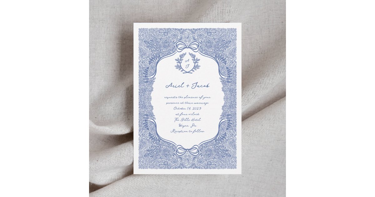 Hand Drawn Floral Bow Wedding Invitation | Zazzle