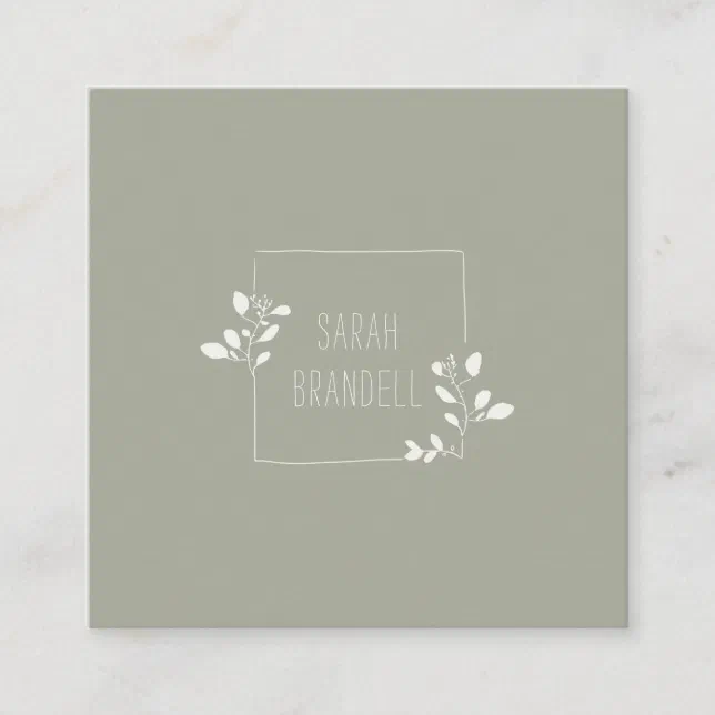 Hand-drawn Floral Frame in Sage & White Square Business Card | Zazzle