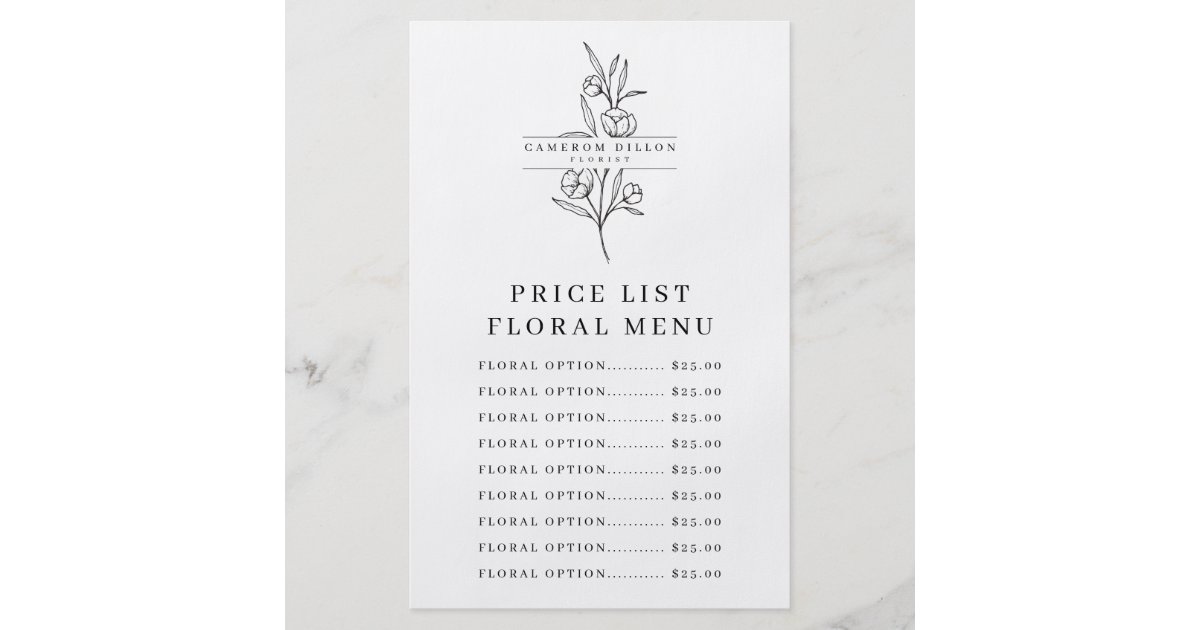 Hand Drawn Florist Flower Shop Price List Sheet | Zazzle