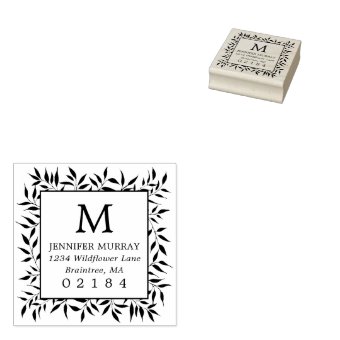 Hand Drawn Framed Laurel Leaves Monogram Address Rubber Stamp | Zazzle