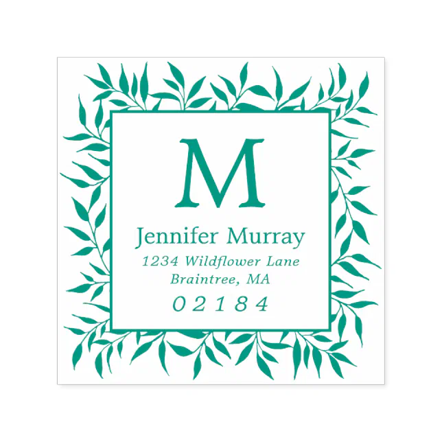 Hand Drawn Framed Laurel Leaves Monogram Address Self-inking Stamp | Zazzle