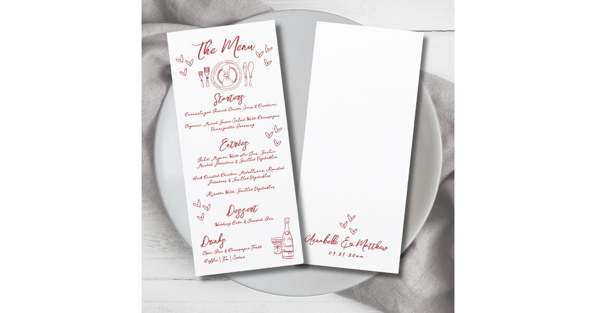 Hand Drawn French Red Whimsical Wedding Menu | Zazzle