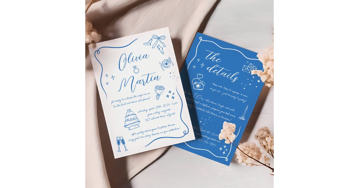 Hand drawn Fun Doodle White Blue Wedding Invitation | Zazzle