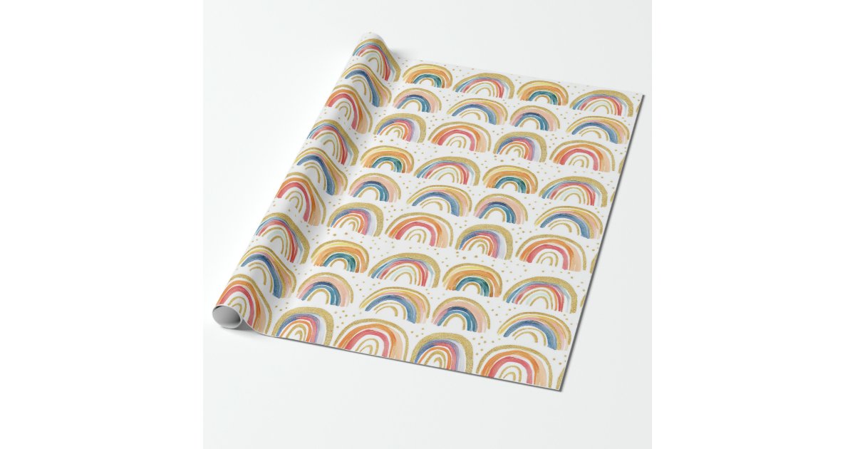 Hand Drawn Gold Glitter Watercolor Rainbows Wrapping Paper | Zazzle